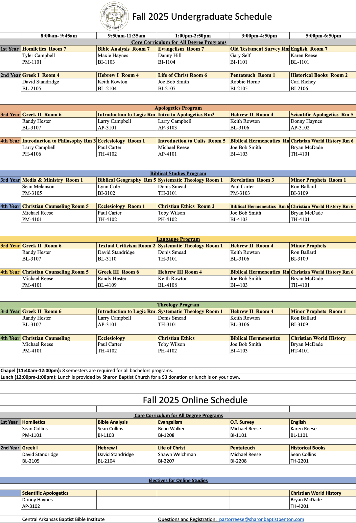 Class Schedule - Central Arkansas Baptist Bible Institute